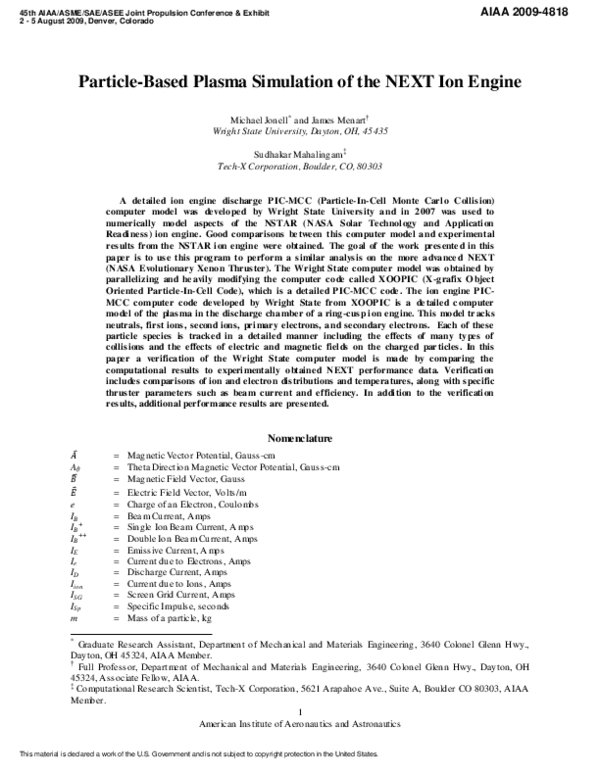 (PDF) Particle-Based Plasma Simulation of NEXT Ion Engine