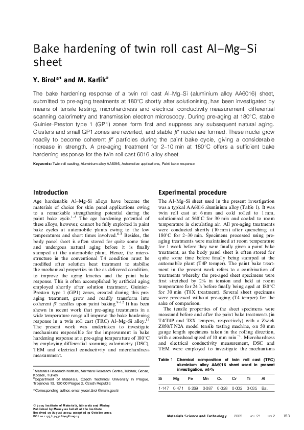 (PDF) Bake hardening of twin roll cast Al–Mg–Si sheet