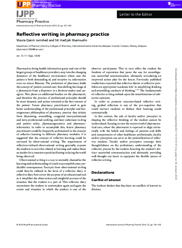 (PDF) Reflective writing in pharmacy practice