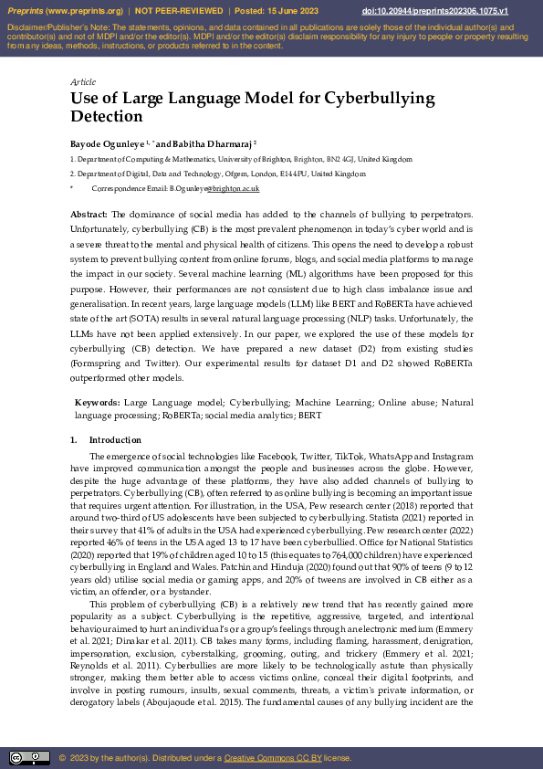 (PDF) Use of Large Language Model for Cyberbullying Detection