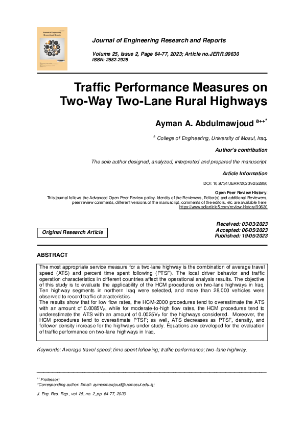 (PDF) Traffic Performance Measures on Two-Way Two-Lane Rural Highways