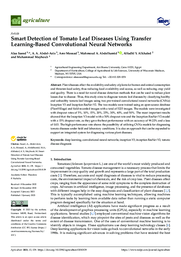 (PDF) Smart Detection of Tomato Leaf Diseases Using Transfer Learning ...
