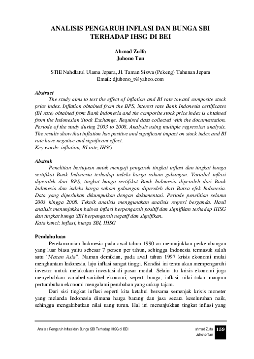 (PDF) Analisis Pengaruh Inflasi Dan Bunga Sbi Terhadap Ihsg DI Bei