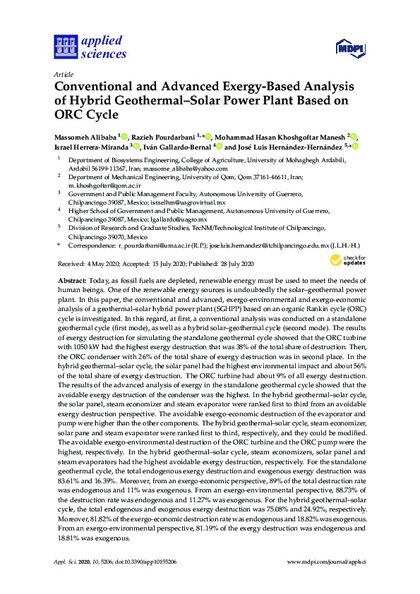 Conventional And Advanced Exergy Based Analysis Of Hybrid Geothermal Solar Power Plant Based On