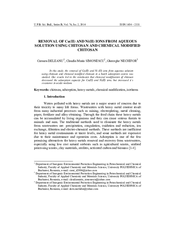 (PDF) REMOVAL OF Cu ( II ) AND Ni ( II ) IONS FROM AQUEOUS SOLUTION USING CHITOSAN AND CHEMICAL ...