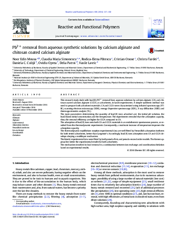 (PDF) Pb2+ removal from aqueous synthetic solutions by calcium alginate ...