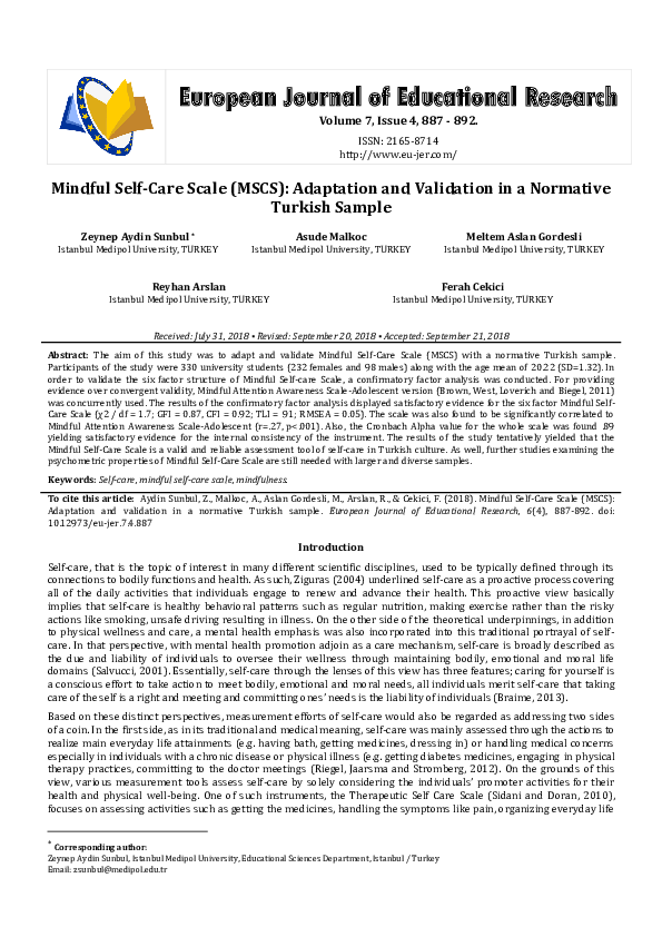 Pdf Mindful Self Care Scale Mscs Adaptation And Validation In A