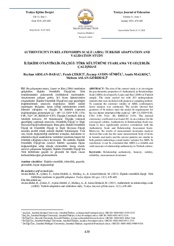Pdf Authenticity In Relationships Scale Airs Turkish Adaptation