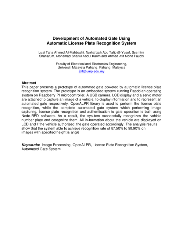 (PDF) Development of Automated Gate Using Automatic License Plate Recognition System