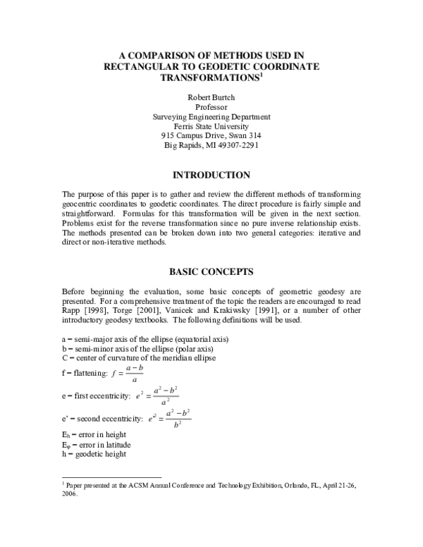 (PDF) A comparison of methods used in rectangular to geodetic coordinate transformations