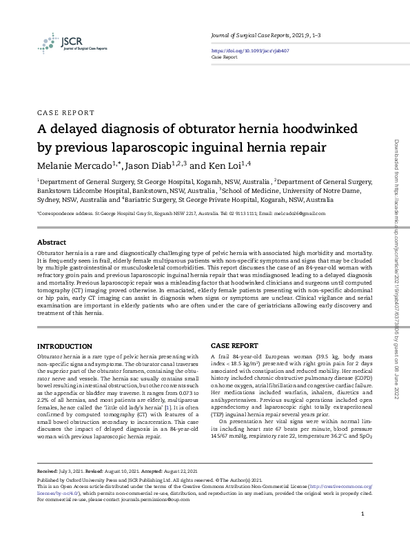 (PDF) A delayed diagnosis of obturator hernia hoodwinked by previous laparoscopic inguinal ...