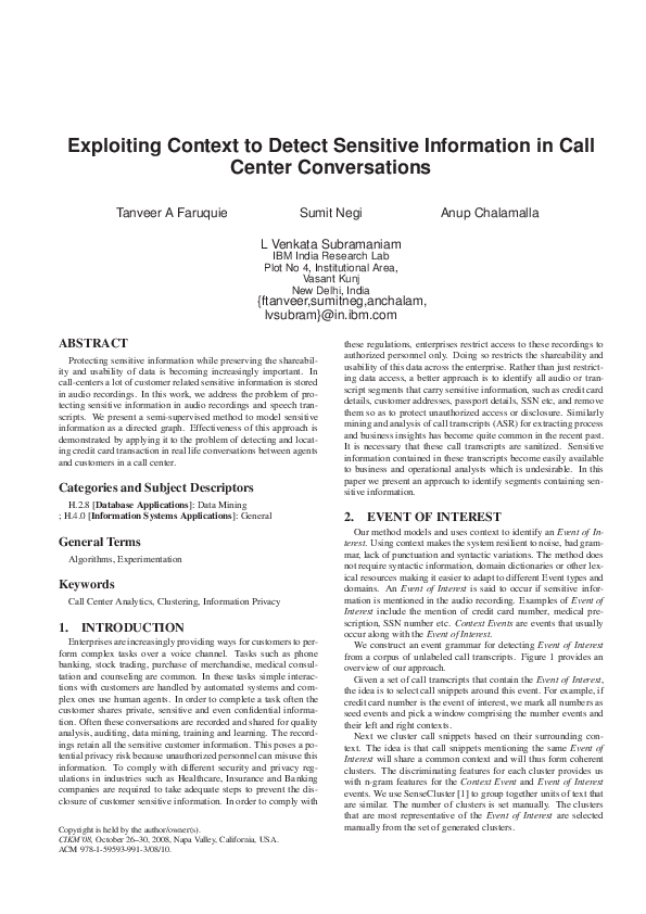 (PDF) Exploiting context to detect sensitive information in call center ...