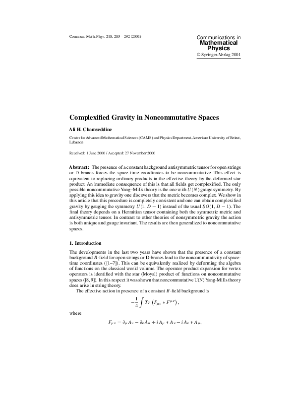 (PDF) Complexified Gravity in Noncommutative Spaces | Ali Hani Chamseddine - Academia.edu