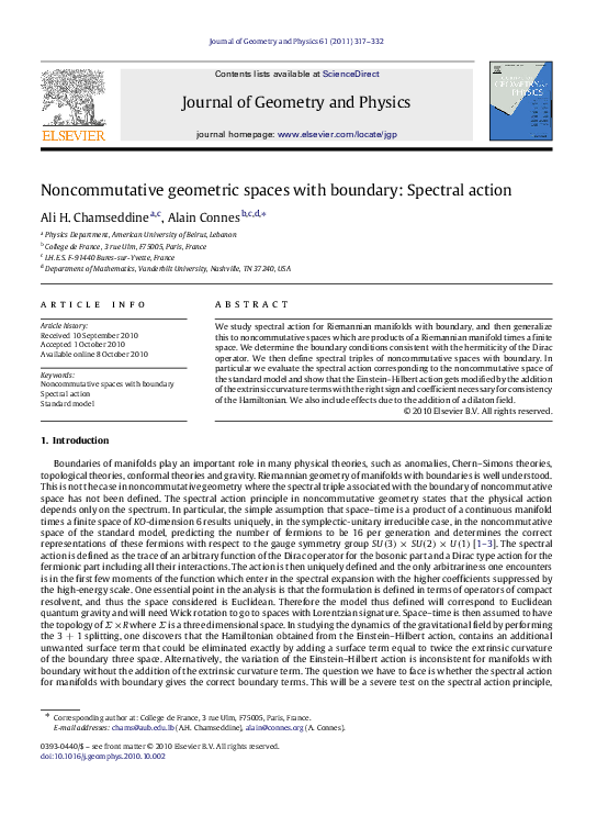 (PDF) Noncommutative geometric spaces with boundary: Spectral action