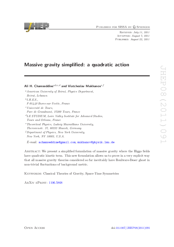 (PDF) Massive gravity simplified: a quadratic action