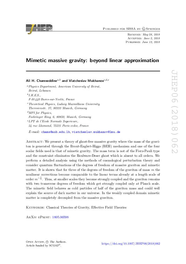(PDF) Mimetic massive gravity: beyond linear approximation | Ali Hani Chamseddine - Academia.edu