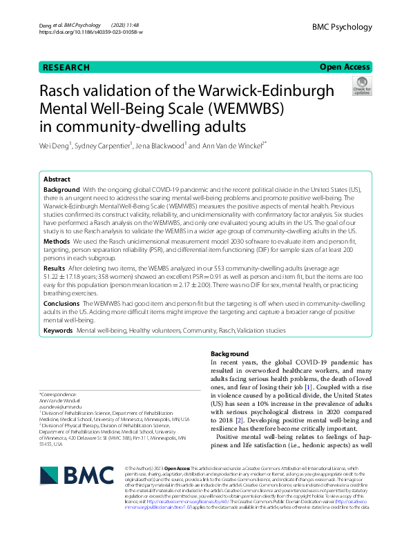 (PDF) Rasch validation of the Warwick-Edinburgh Mental Well-Being Scale ...
