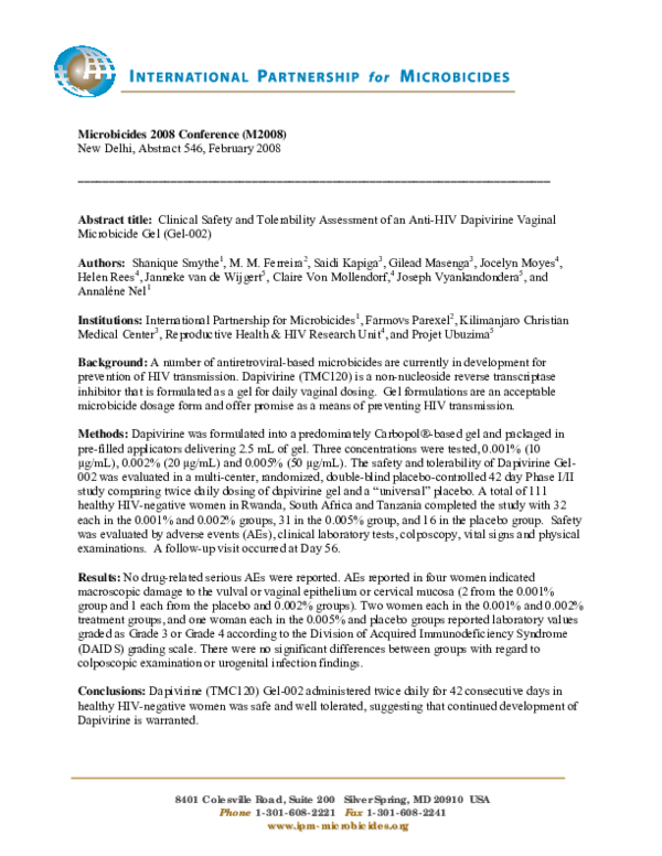 (PDF) Clinical safety and tolerability assessment of an anti-HIV dapivirine vaginal microbicide ...