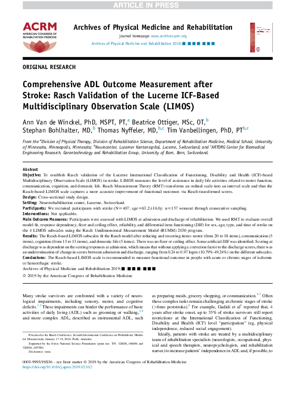 (PDF) Comprehensive ADL Outcome Measurement after Stroke: Rasch ...