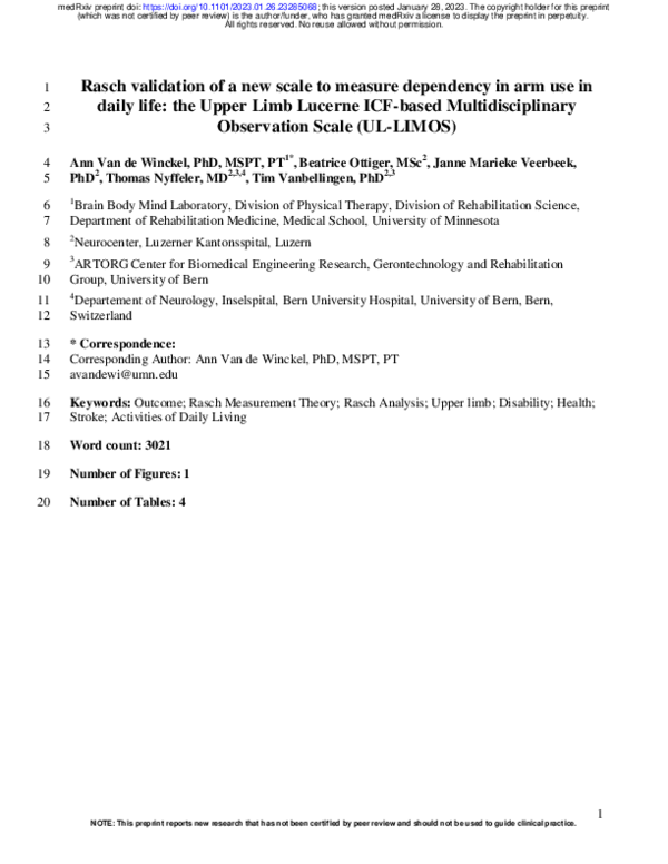 (PDF) Rasch validation of a new scale to measure dependency in arm use in daily life: the Upper ...