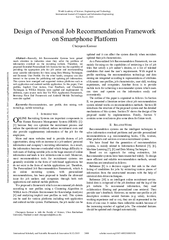 (PDF) Design Of Personal Job Recommendation Framework On Smartphone ...
