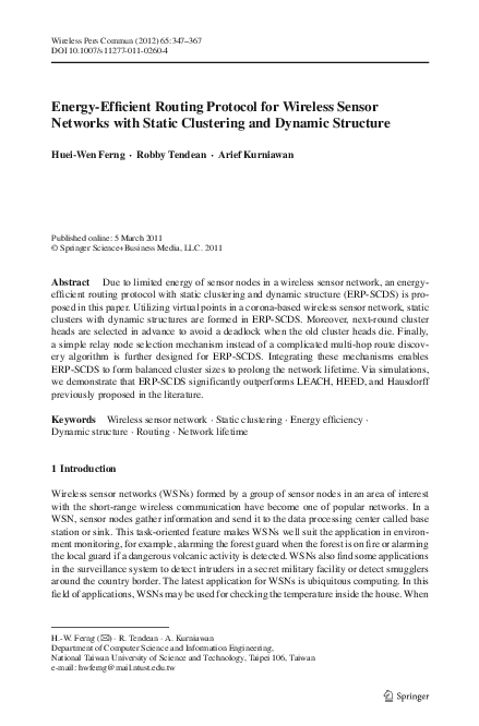 Pdf Energy Efficient Routing Protocol For Wireless Sensor Networks With Static Clustering And