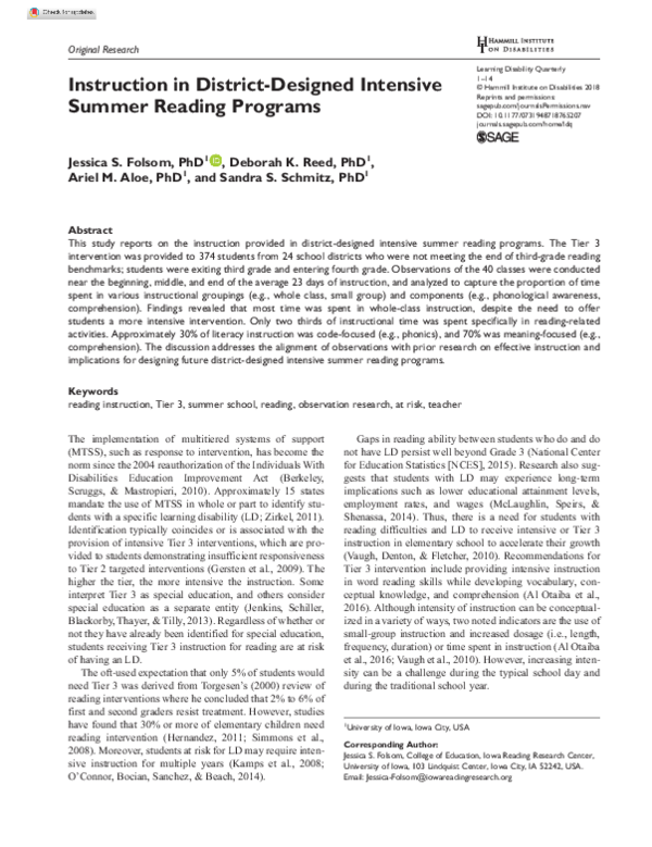 (PDF) Instruction in District-Designed Intensive Summer Reading Programs
