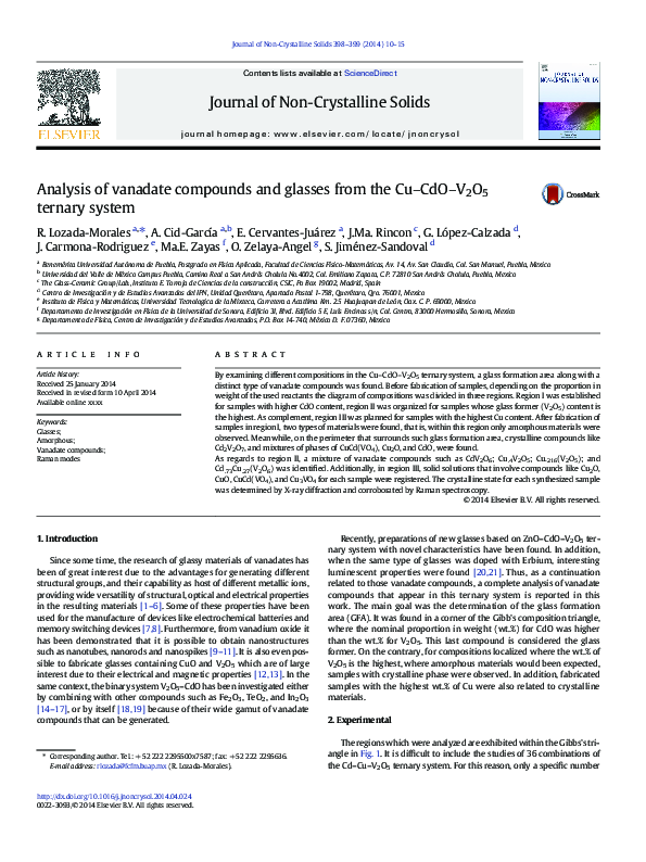 (PDF) Analysis of vanadate compounds and glasses from the Cu–CdO–V2O5 ...