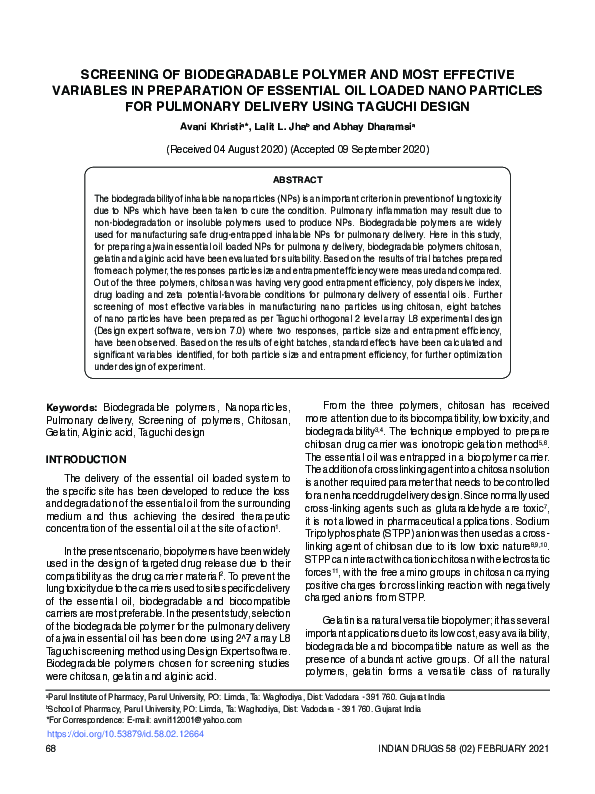 (PDF) Screening of Biodegradable Polymer and Most Effective Variables in Preparation of ...