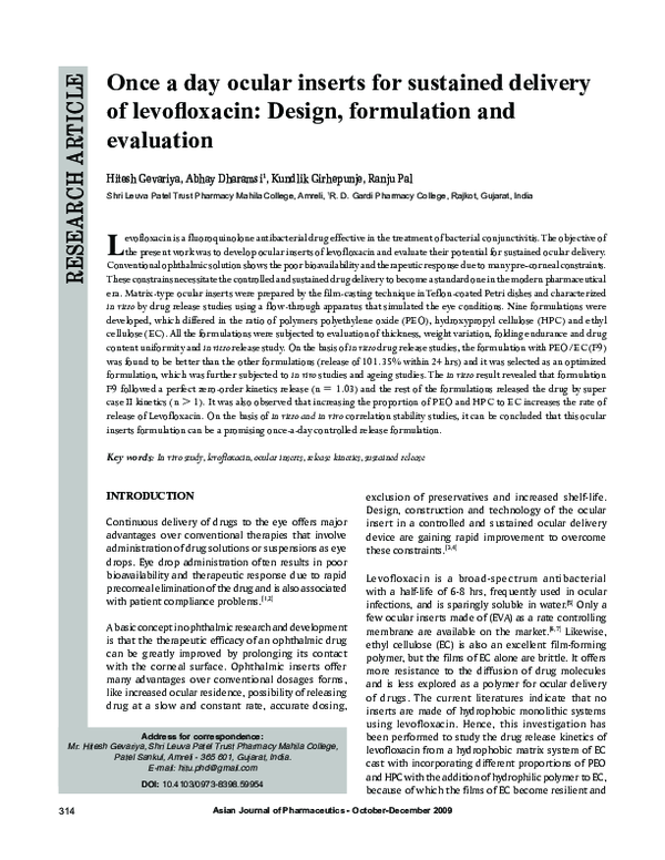 (PDF) Once a day ocular inserts for sustained delivery of levofloxacin ...