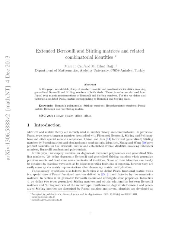 (PDF) Extended Bernoulli and Stirling matrices and related combinatorial identities