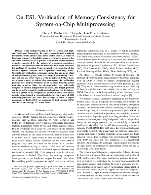 Pdf On Esl Verification Of Memory Consistency For System On Chip Multiprocessing