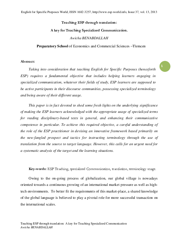 (PDF) Teaching ESP through translation: A key for Teaching Specialized Communication Awicha ...