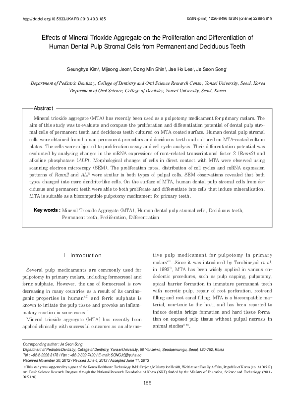 (PDF) Mineral trioxide aggregate가 유치 및 영구치의 치수기질세포 증식 및 분화에 미치는 영향