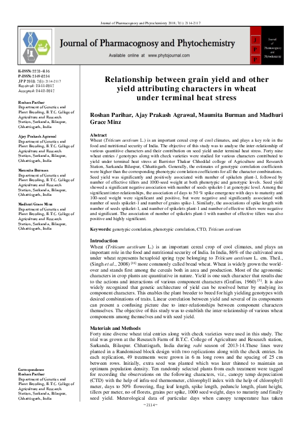 Pdf Relationship Between Grain Yield And Other Yield Attributing Characters In Wheat Under