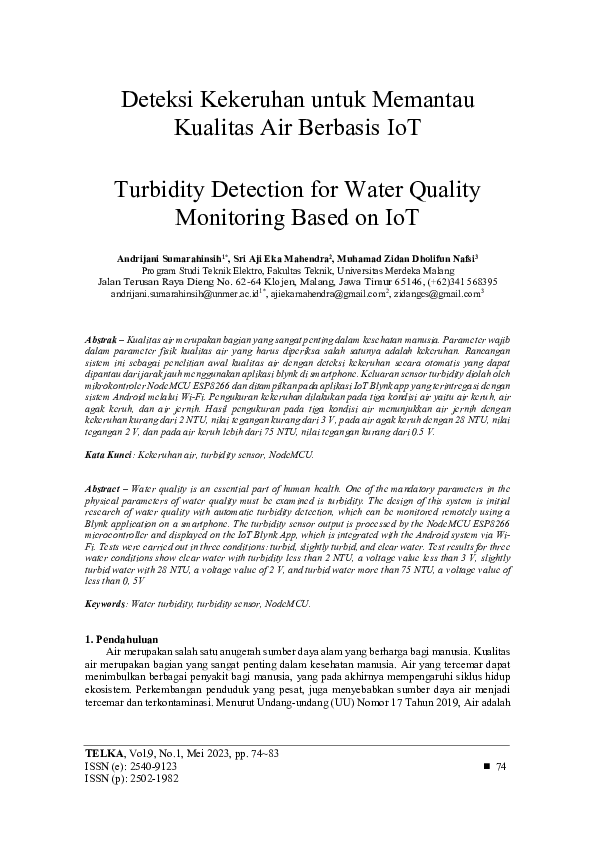 (PDF) Deteksi Kekeruhan untuk Memantau Kualitas Air Berbasis IoT