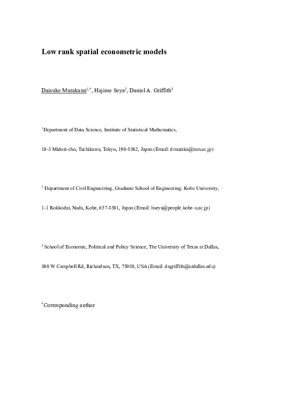 (PDF) Low rank spatial econometric models | daniel griffith - Academia.edu