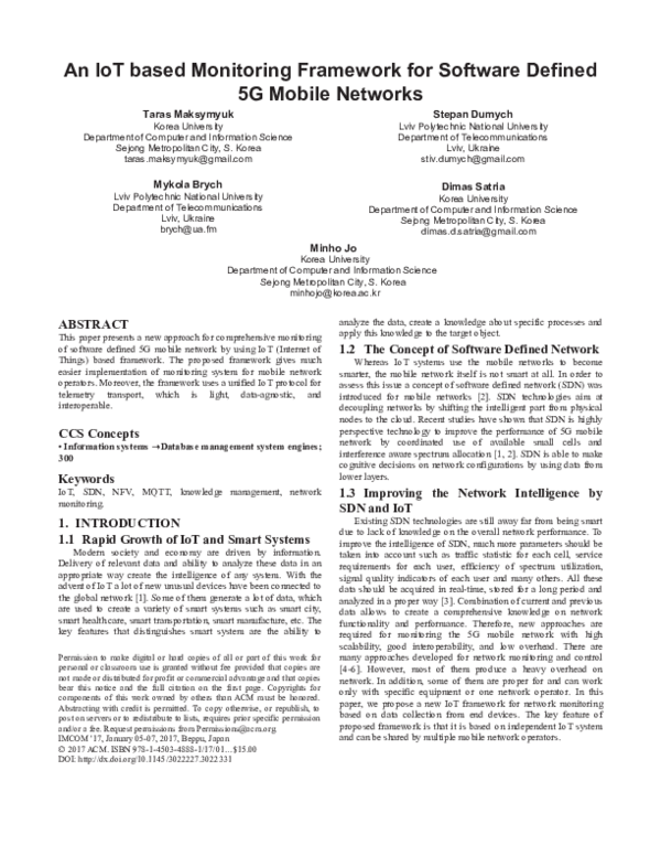 (PDF) An IoT based monitoring framework for software defined 5G mobile networks