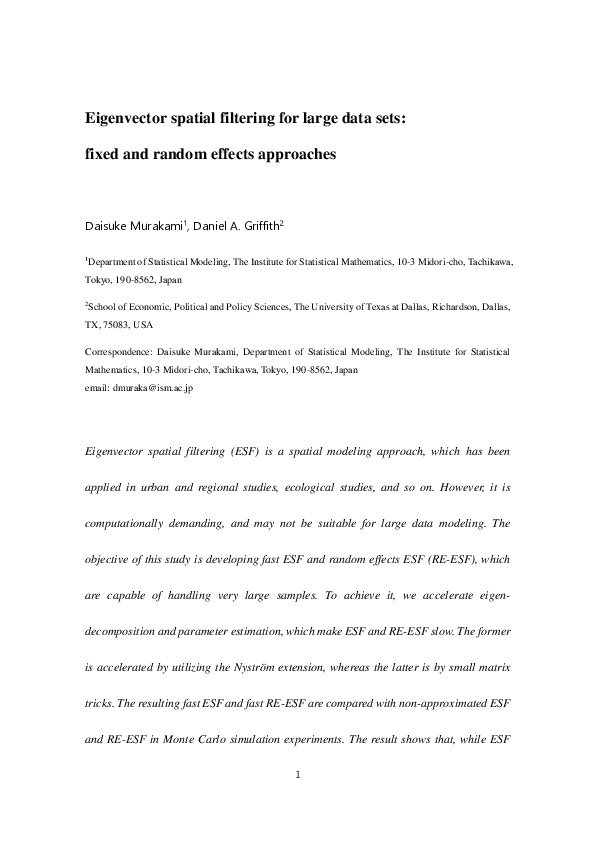 Pdf Eigenvector Spatial Filtering For Large Data Sets Fixed And Random Effects Approaches