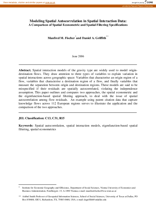 Pdf Modeling Spatial Autocorrelation In Spatial Interaction Data