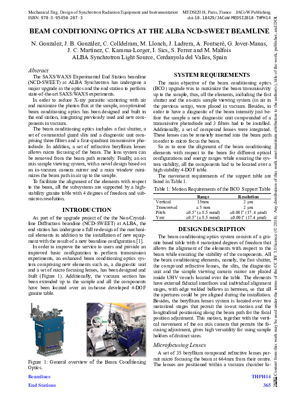 (PDF) Beam Conditioning Optics at the ALBA NCD-SWEET Beamline