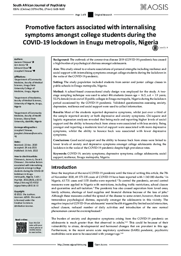 (PDF) Promotive factors associated with internalising symptoms amongst ...