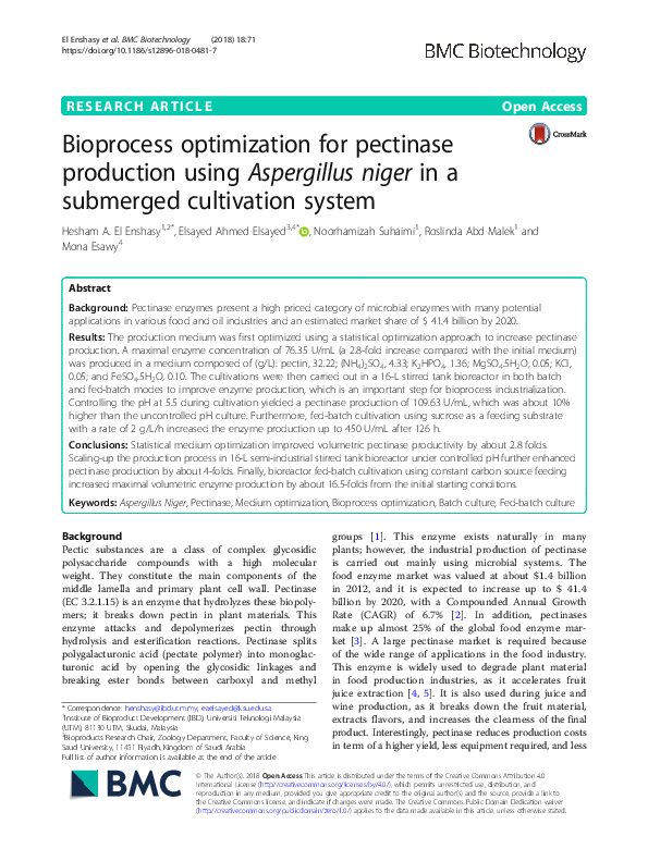 Pdf Bioprocess Optimization For Pectinase Production Using Aspergillus Niger In A Submerged