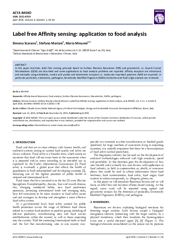 (PDF) Label free Affinity sensing: application to food analysis