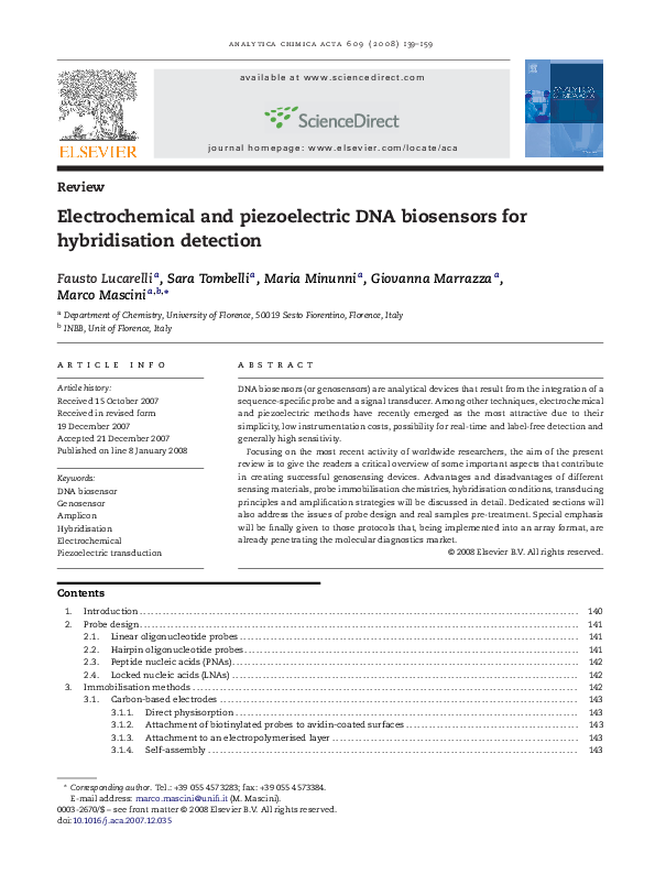 (PDF) Electrochemical and piezoelectric DNA biosensors for hybridisation detection