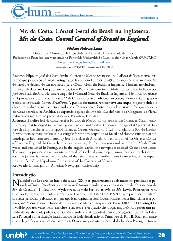 (PDF) MR DA COSTA, CÔNSUL GERAL DO BRASIL NA INGLATERRA. Dossiê ...