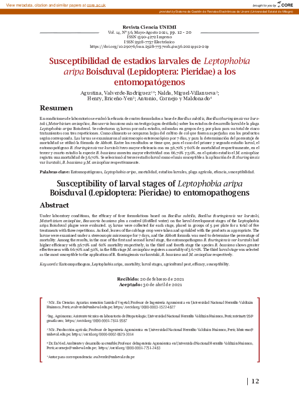 (PDF) Susceptibilidad de estadios larvales de Leptophobia aripa ...