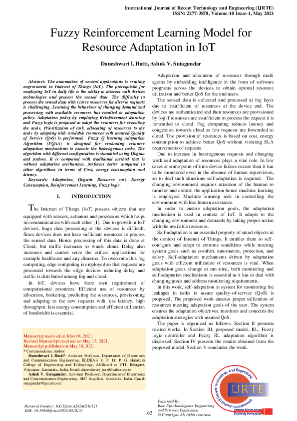 (PDF) Fuzzy Reinforcement Learning Model for Resource Adaptation in IoT | Ashok Sutagundar ...