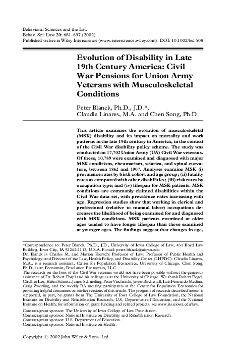 (PDF) Evolution of disability in late 19th century America: Civil War pensions for Union Army ...