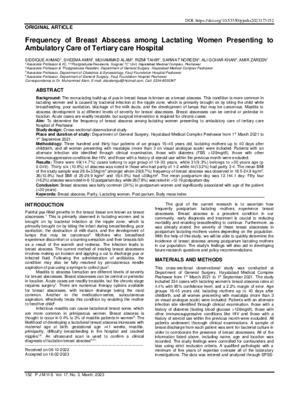 (PDF) Frequency of Breast Abscess among Lactating Women Presenting to ...